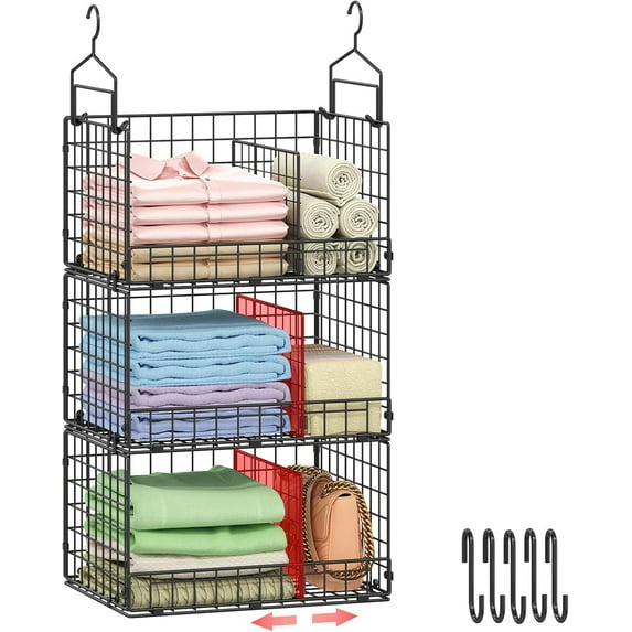 3-Tier Extra Large Closet Hanging Organizer with Dividers, Clothes ...