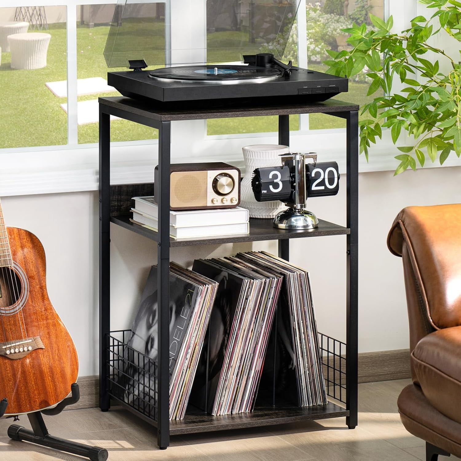 3 Tier Farmhouse Drak Gray End Table, Large 18" Wide Record Player ...