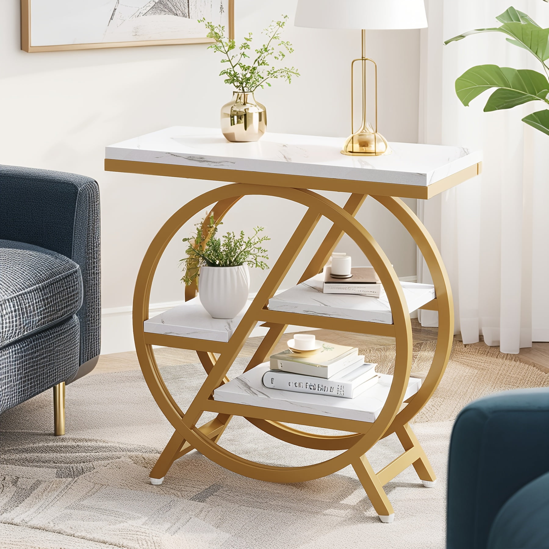 3-Tier Faux Marble End Table - Geometric Metal Frame & Adjustable Feet ...