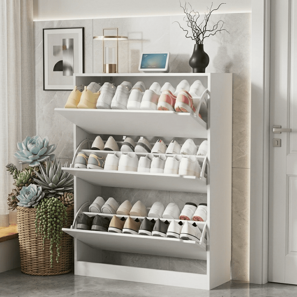 3-Tier Flip-Down Shoe Storage Cabinet, Slim Freestanding Organizer with ...