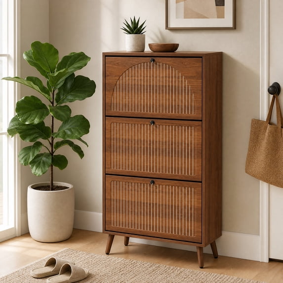 3-Tier Flip-Down Wooden Shoe Cabinet, Tall Narrow Entryway Shoe Storage ...
