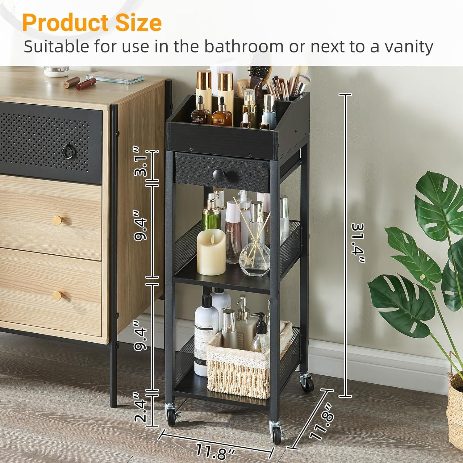 3 Tier Floor Makeup Organizer Cart with Drawer, Free Standing Skincare ...