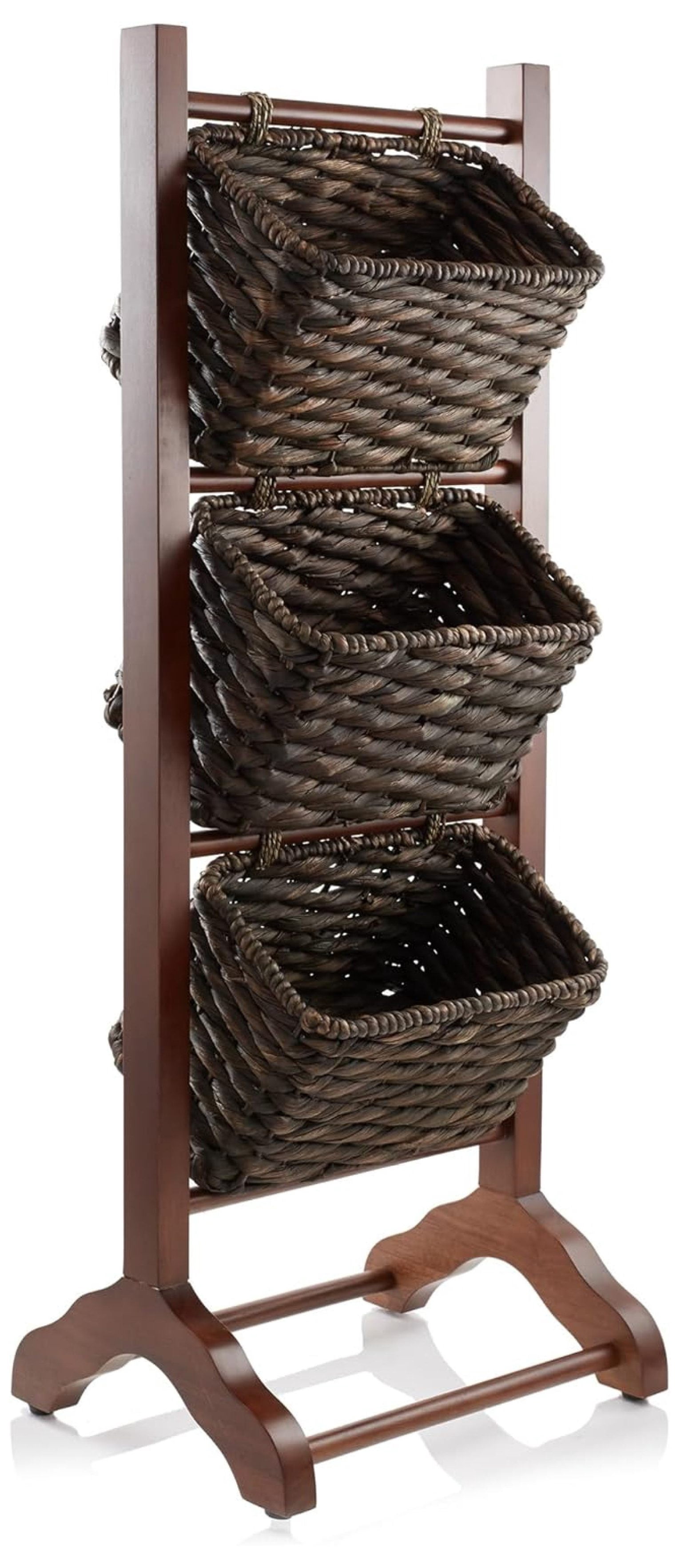 3-Tier Floor Stand with Water Hyacinth Storage Baskets, Walnut/Espresso ...
