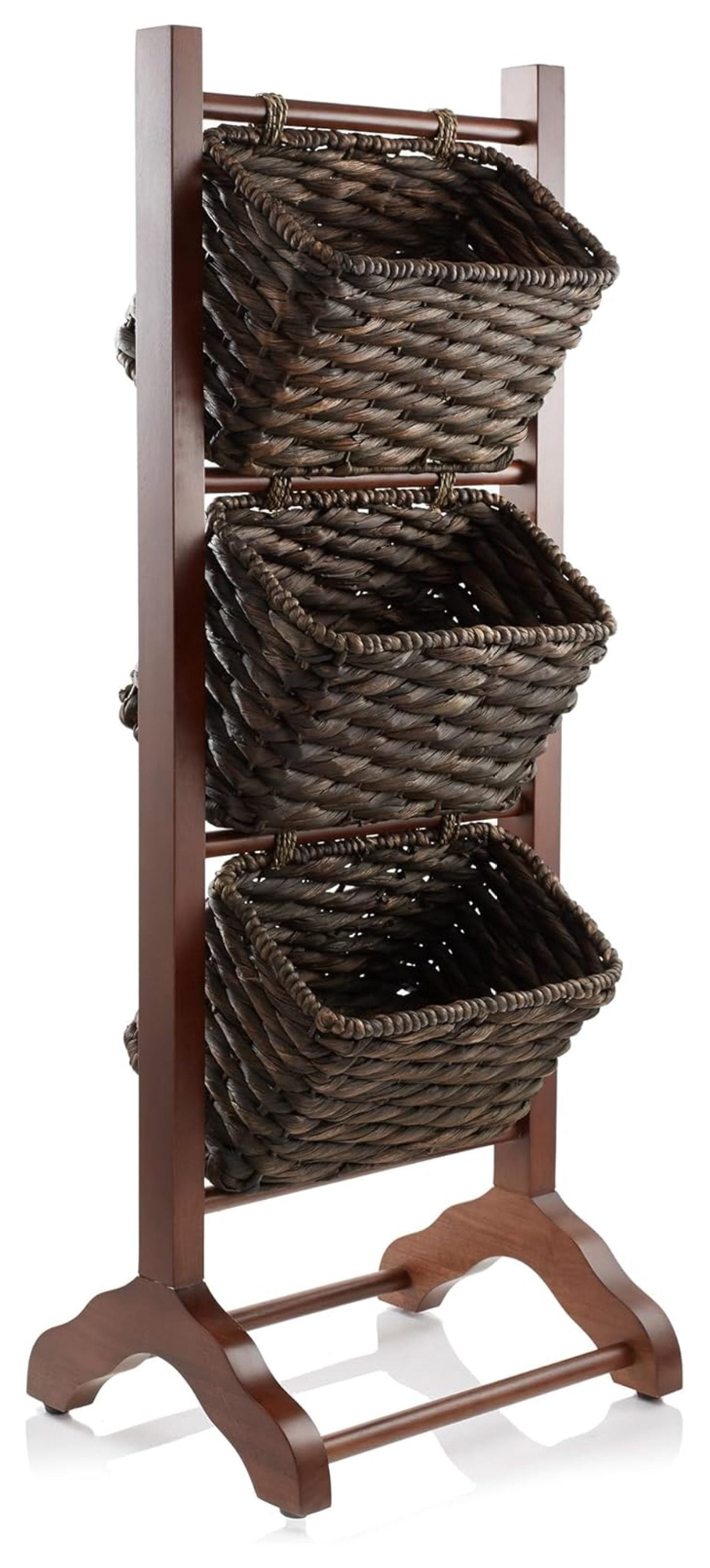 3-Tier Floor Stand with Water Hyacinth Storage Baskets, Walnut/Espresso ...