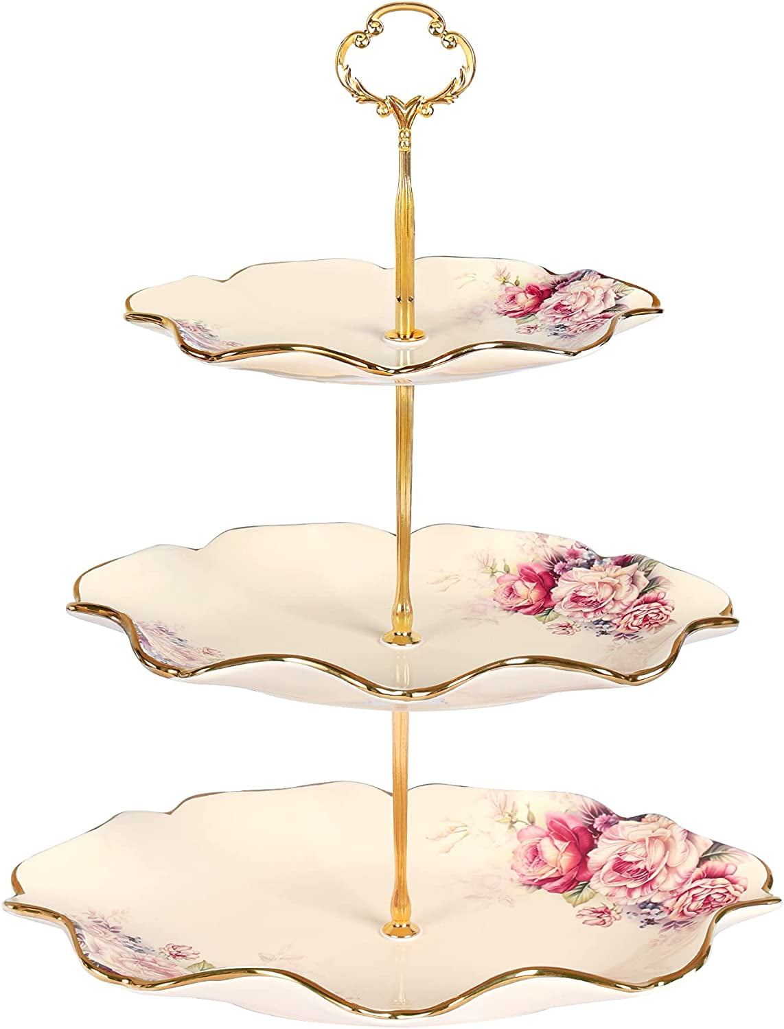 3-Tier Floral Royal Cupcake Stand, Vintage Fruit Plate with Gold Trim ...