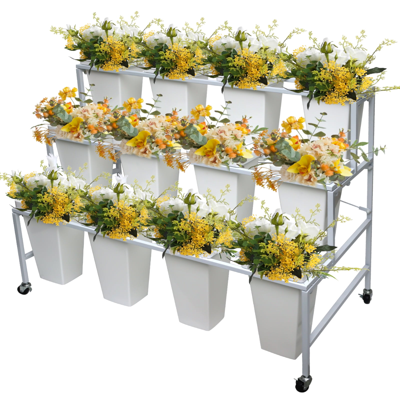 3-Tier Flower Display Shelf, Metal Frame, 12 White Buckets, for Schools ...