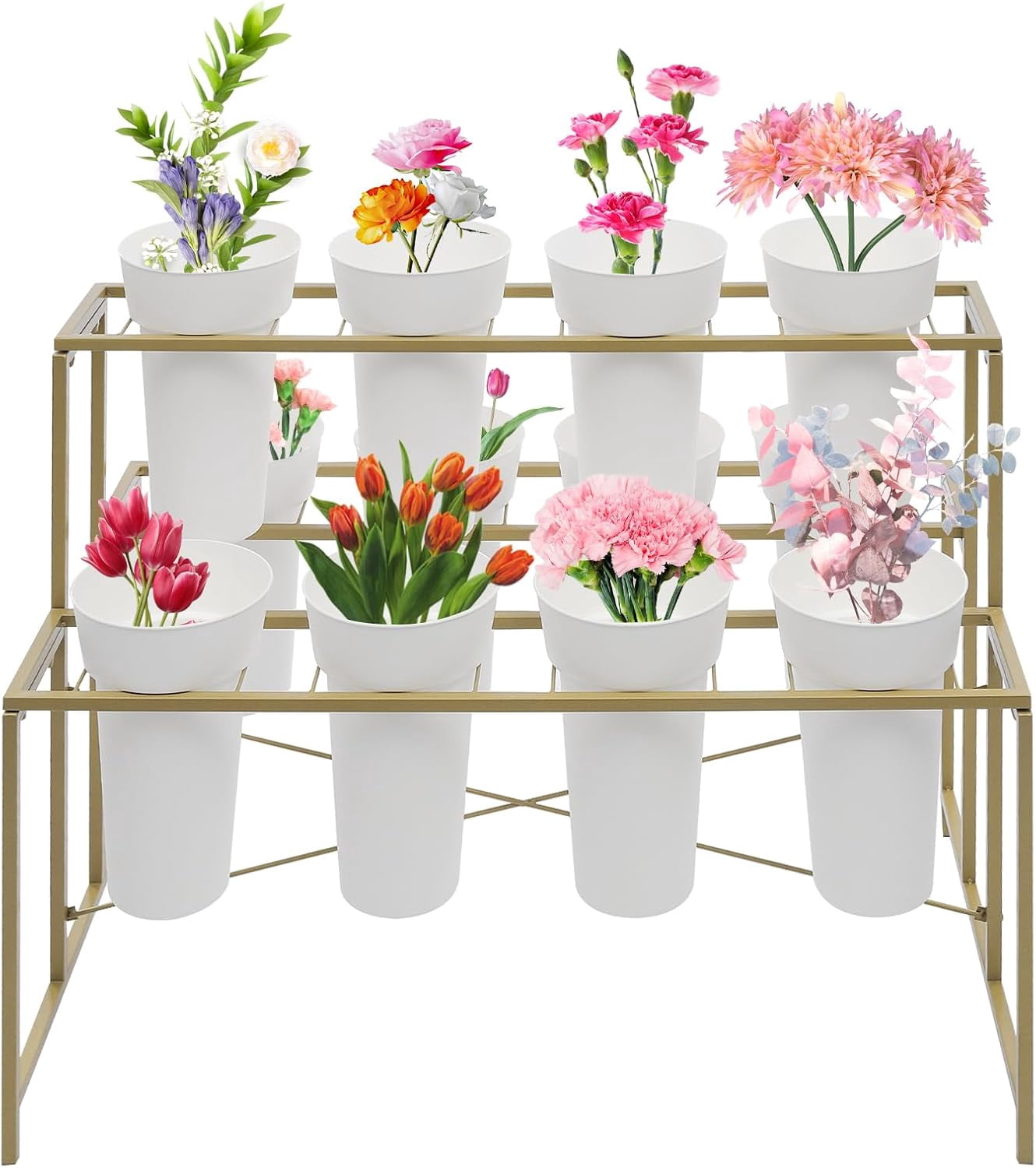 3 Tier Flower Display Stand with 12 Buckets, Metal Flower Display Stand ...