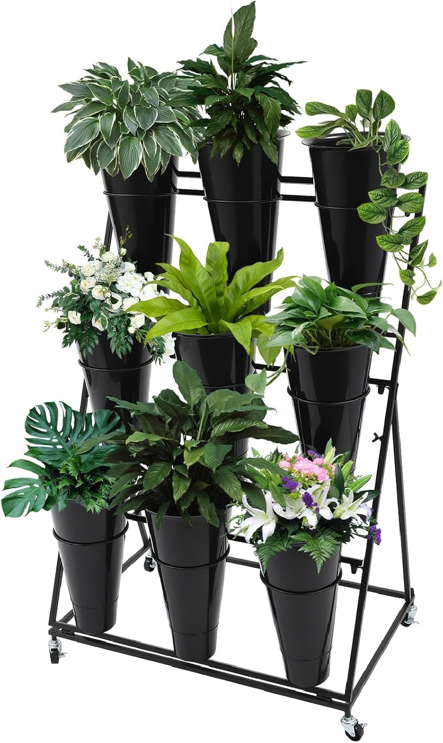 3-Tier Flower Display Stand with 9 Buckets, Black Iron Plant Stand with ...