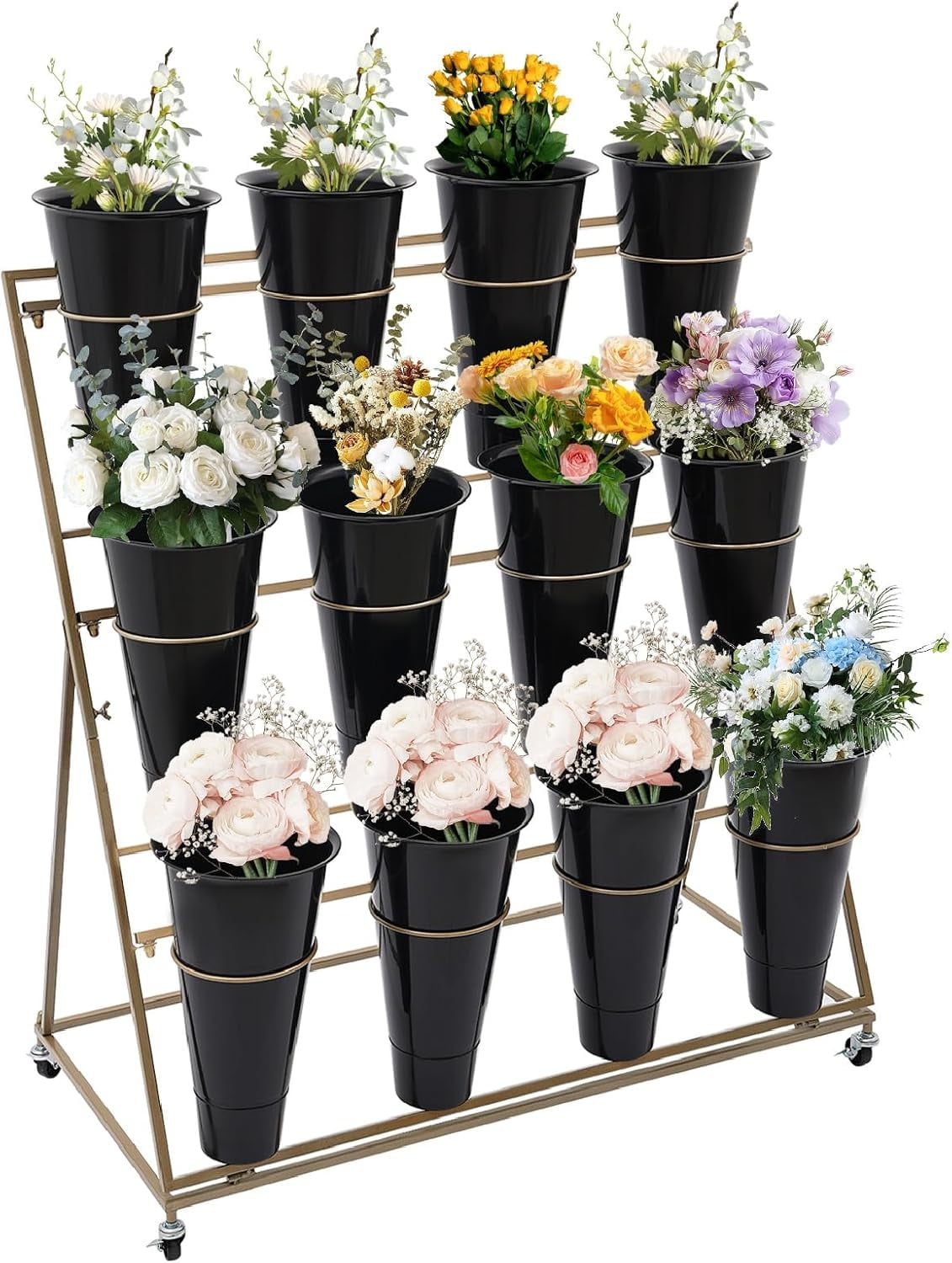 3 Tier Flower Display Stand with Buckets 12 Flower Cart Display Stand ...