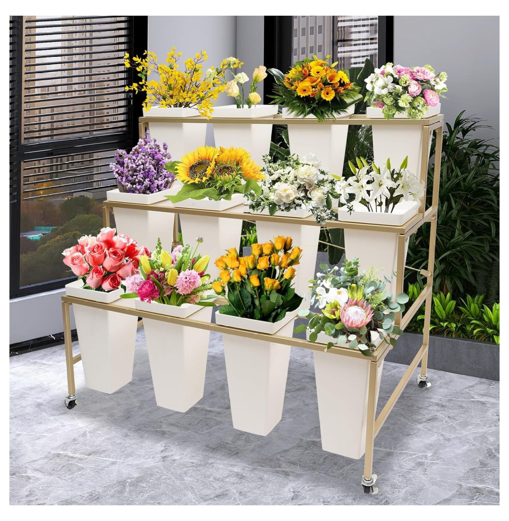 3 Tier Flower Display Stand Metal Plant Stand with 12pcs Buckets and ...