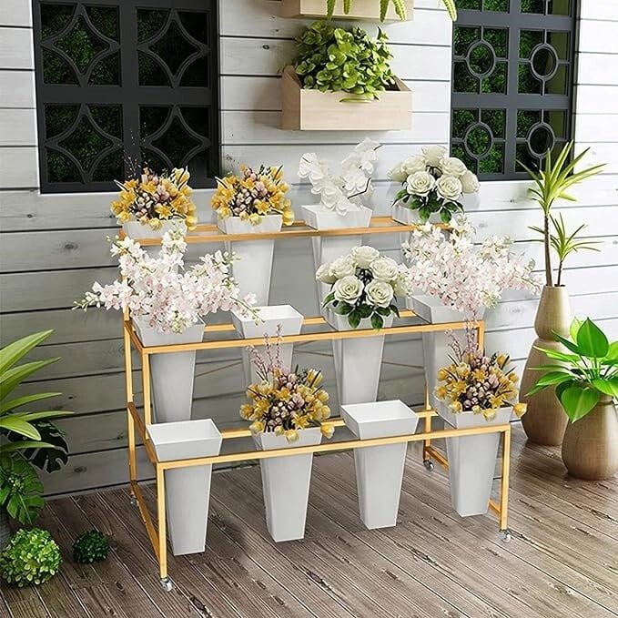 3-Tier Flower Display Stand W/ 12 buckets (Gold Shelf + White Square ...