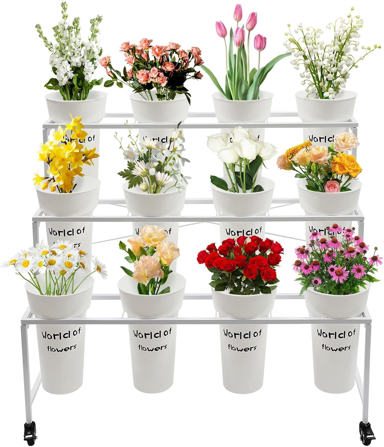 3 Tier Flower Display Stand with 12 Buckets, Metal Stand with Wheels ...