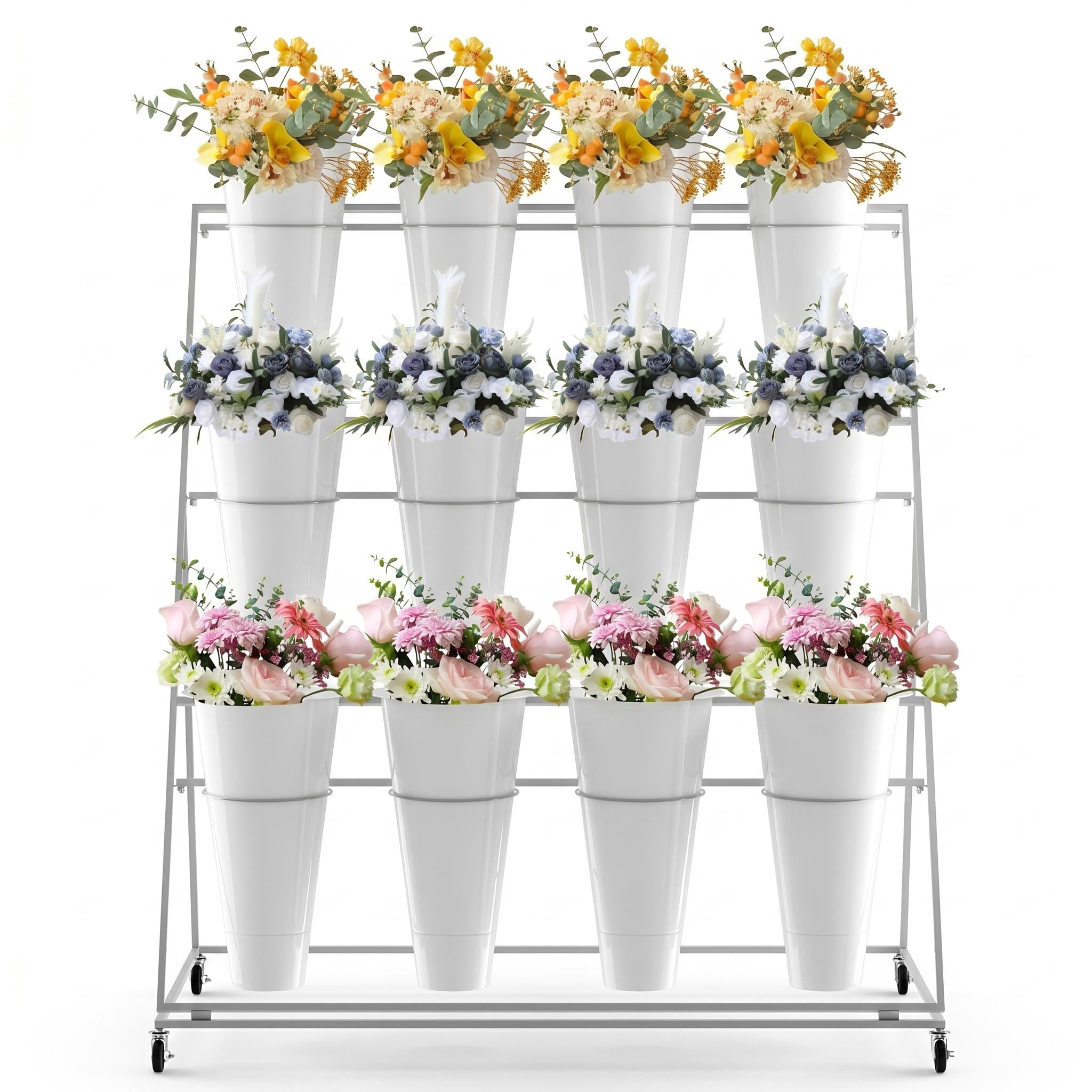 3-Tier Flower Stand with 12 Buckets, Mobile Metal Flower Display Cart ...