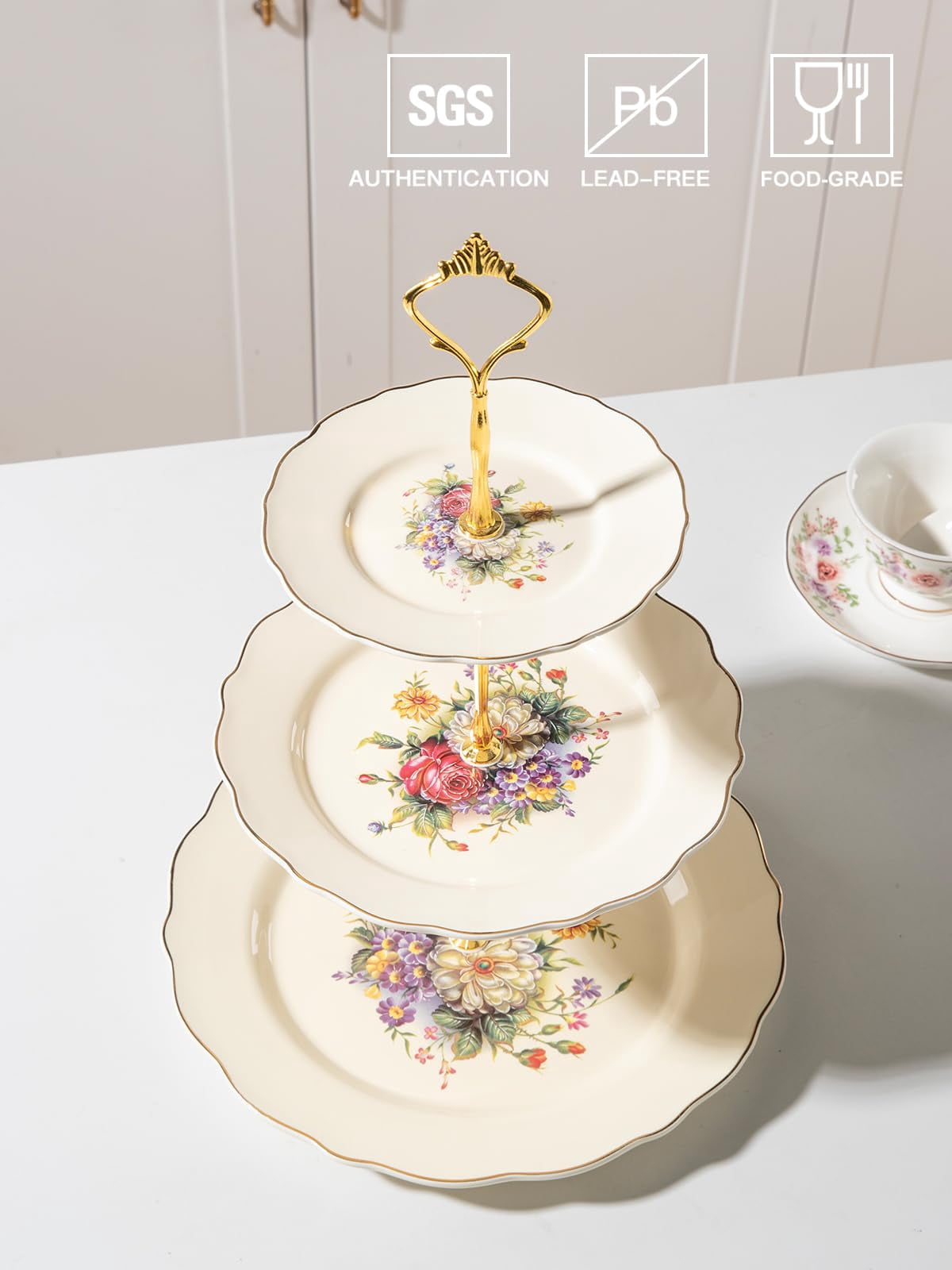 3 Tier Flower Style Ceramic Cake Stand Dessert Serving Platter for Tea ...