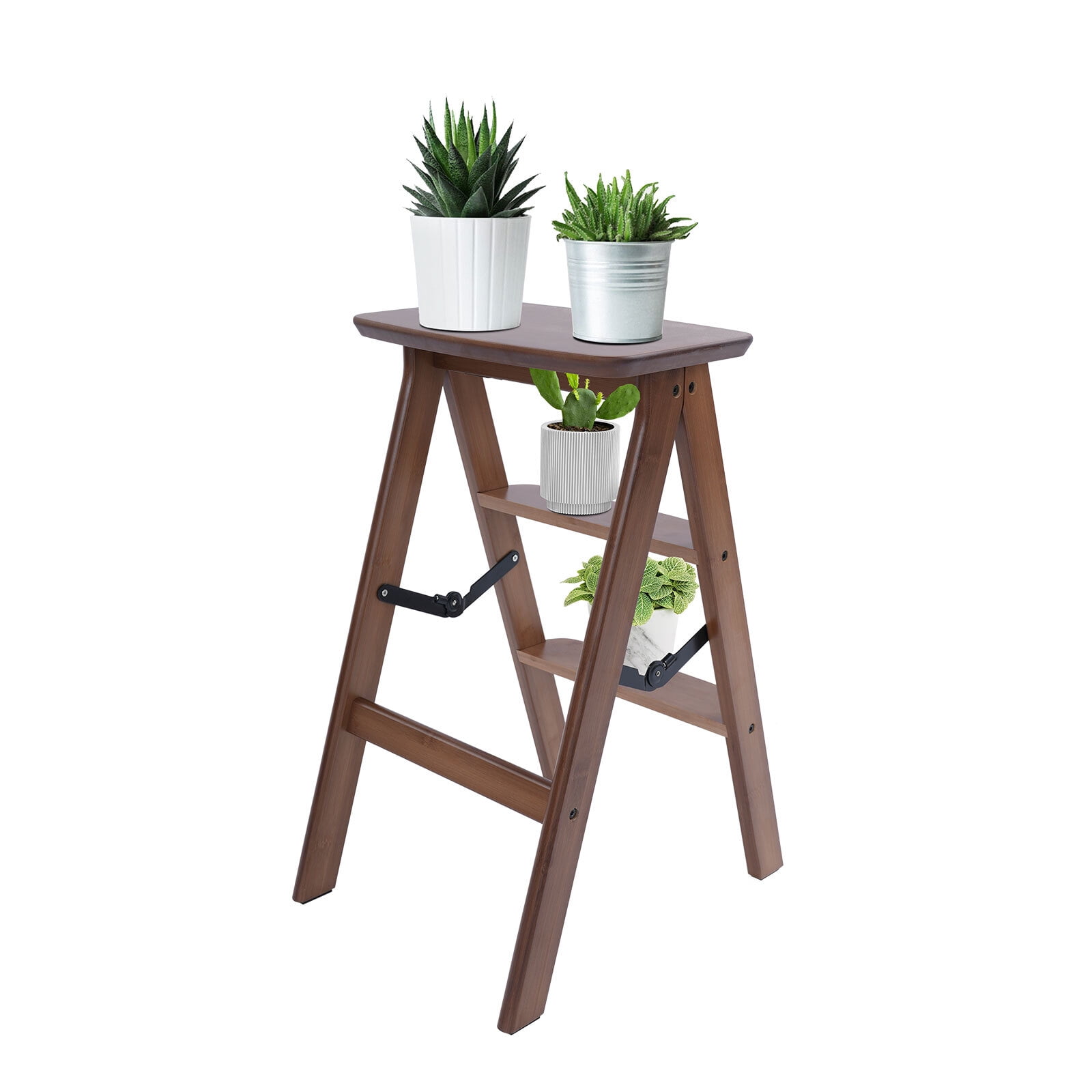 3 Tier Foldable Bamboo Ladder, Multi-Functional Ladder Plant Pot Shelf ...