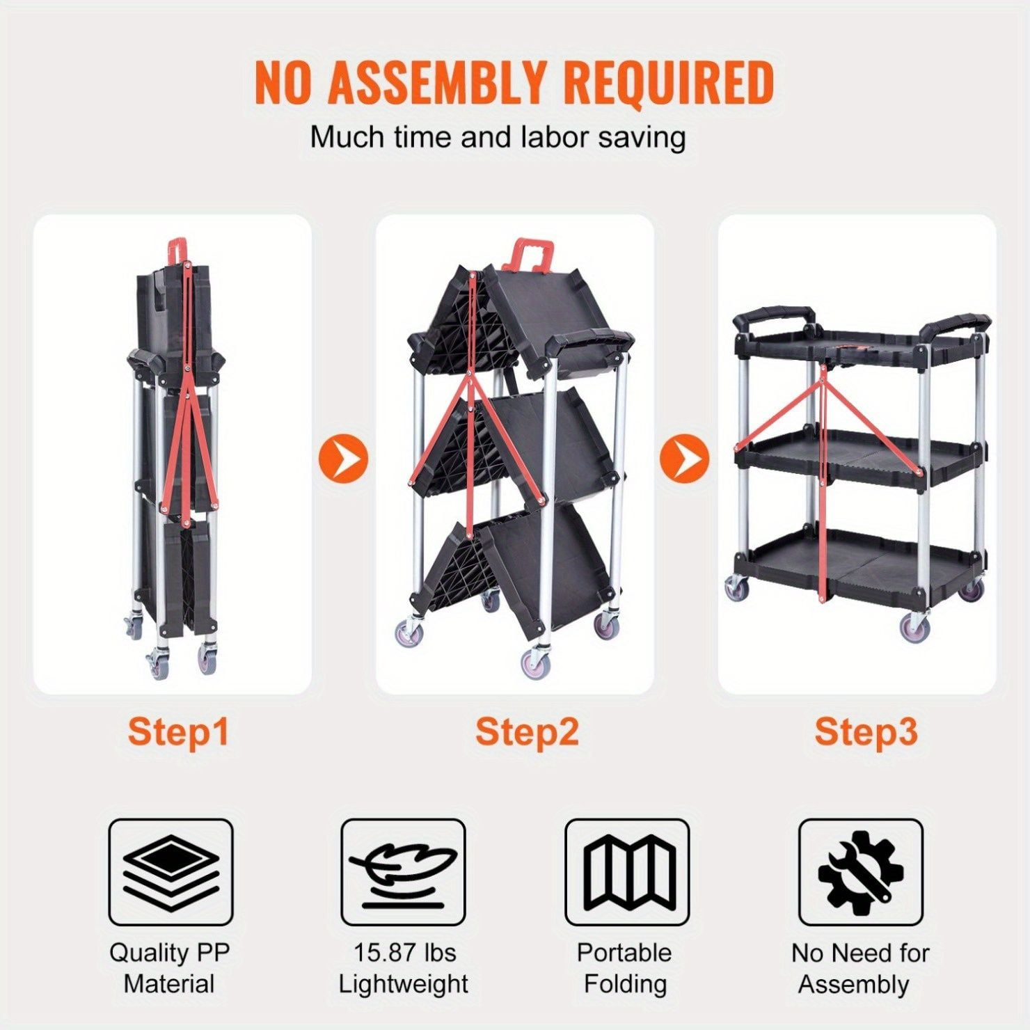 3 - Tier Foldable Cart with Locking Wheels - 165 LBS Capacity, Black ...