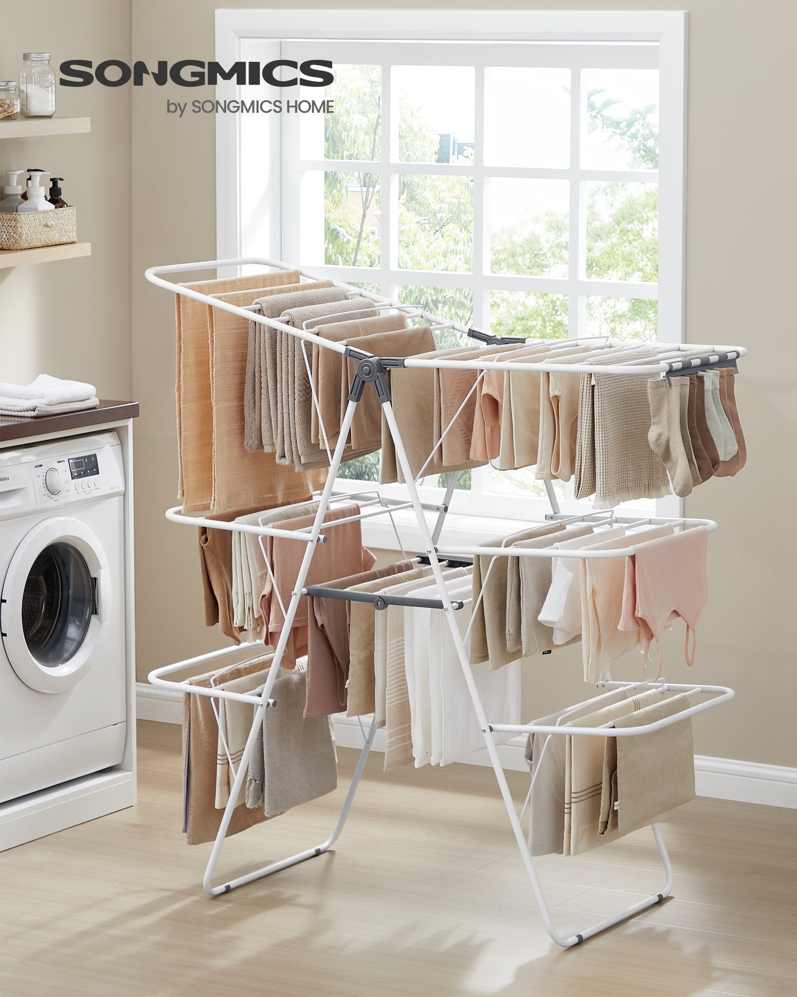 3-Tier Foldable Clothes Drying Rack with 39 Rails and 27 Clips, Height ...