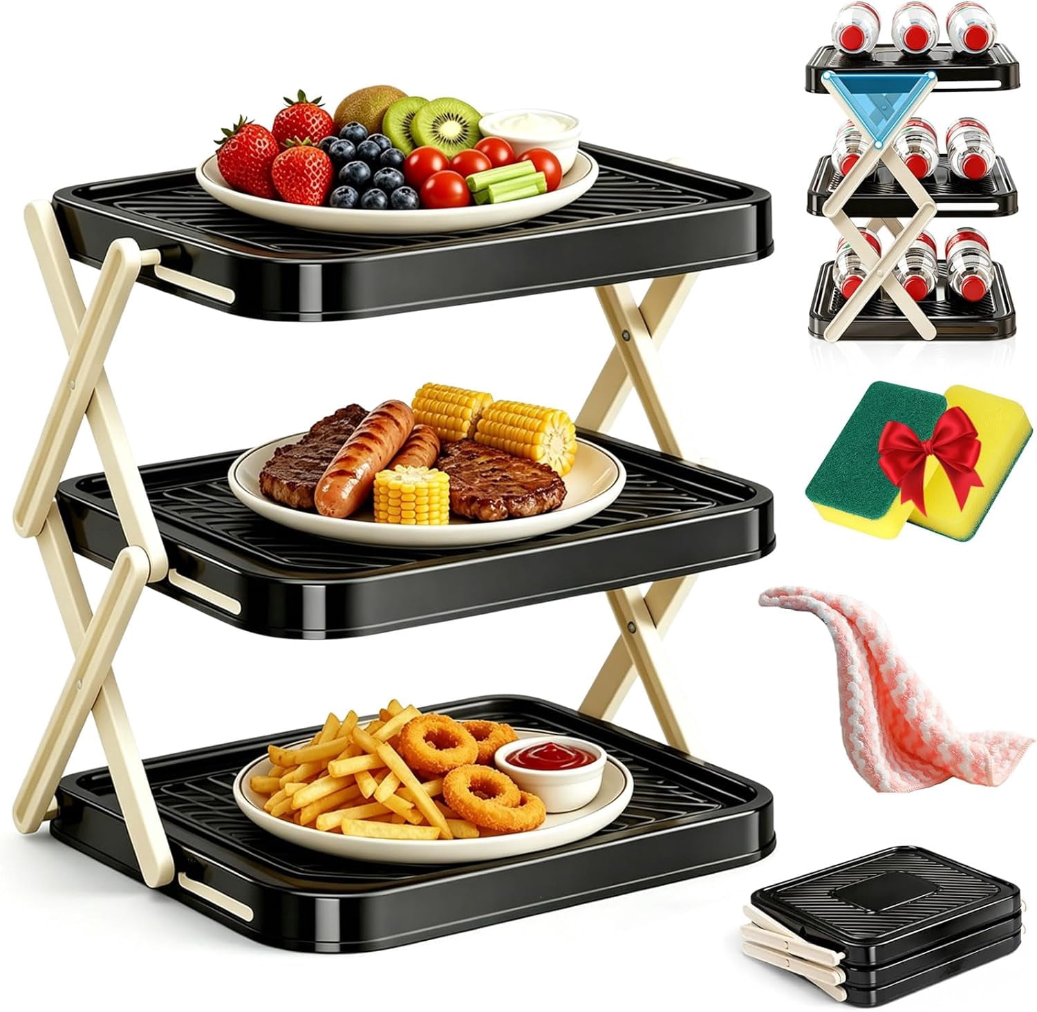 3-Tier Foldable Kitchen Prep Tray Storage Rack, Space-Saving Vertical ...