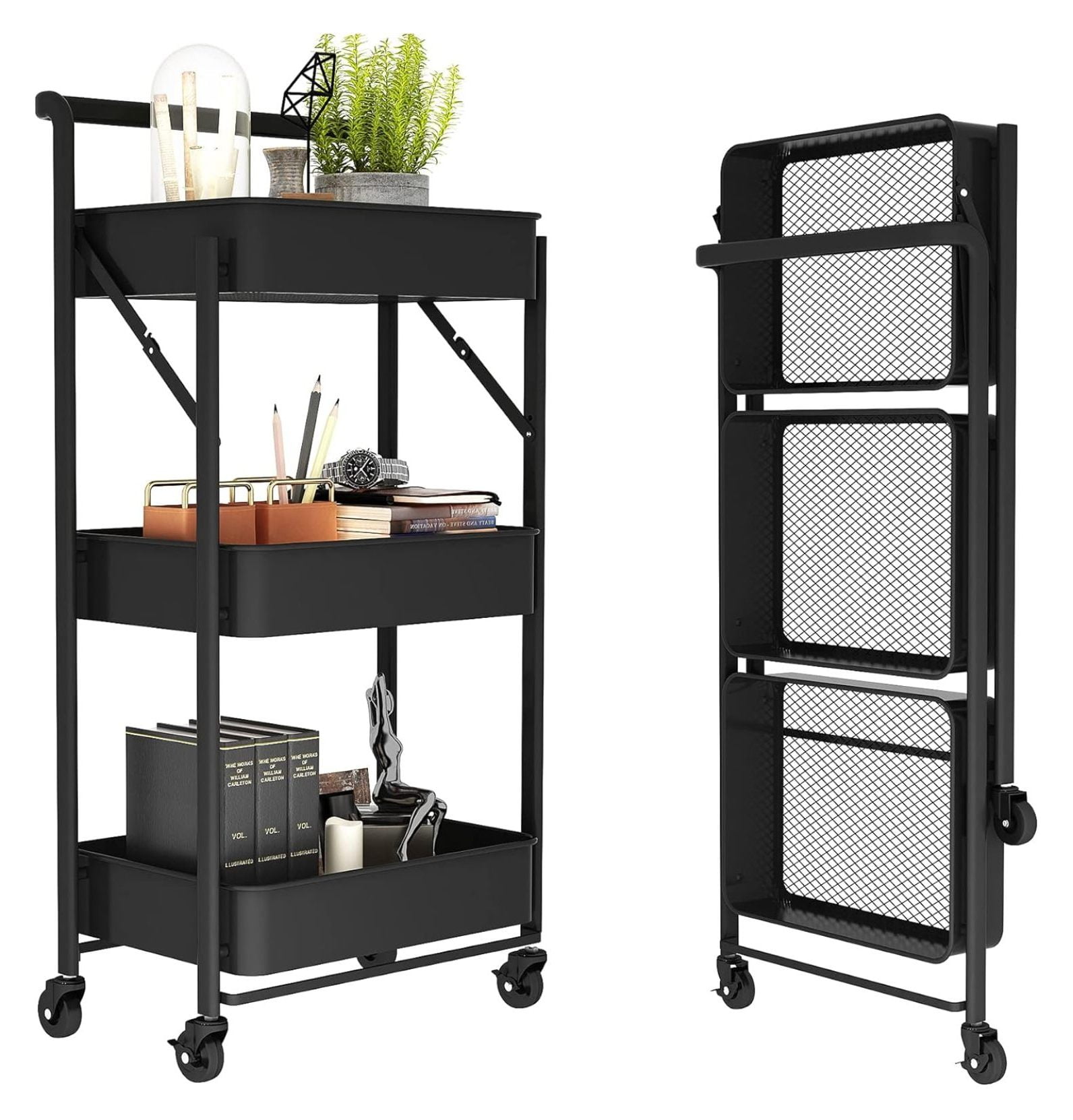 3-Tier Foldable Metal Rolling Storage Cart with Lockable Wheels, Heavy ...