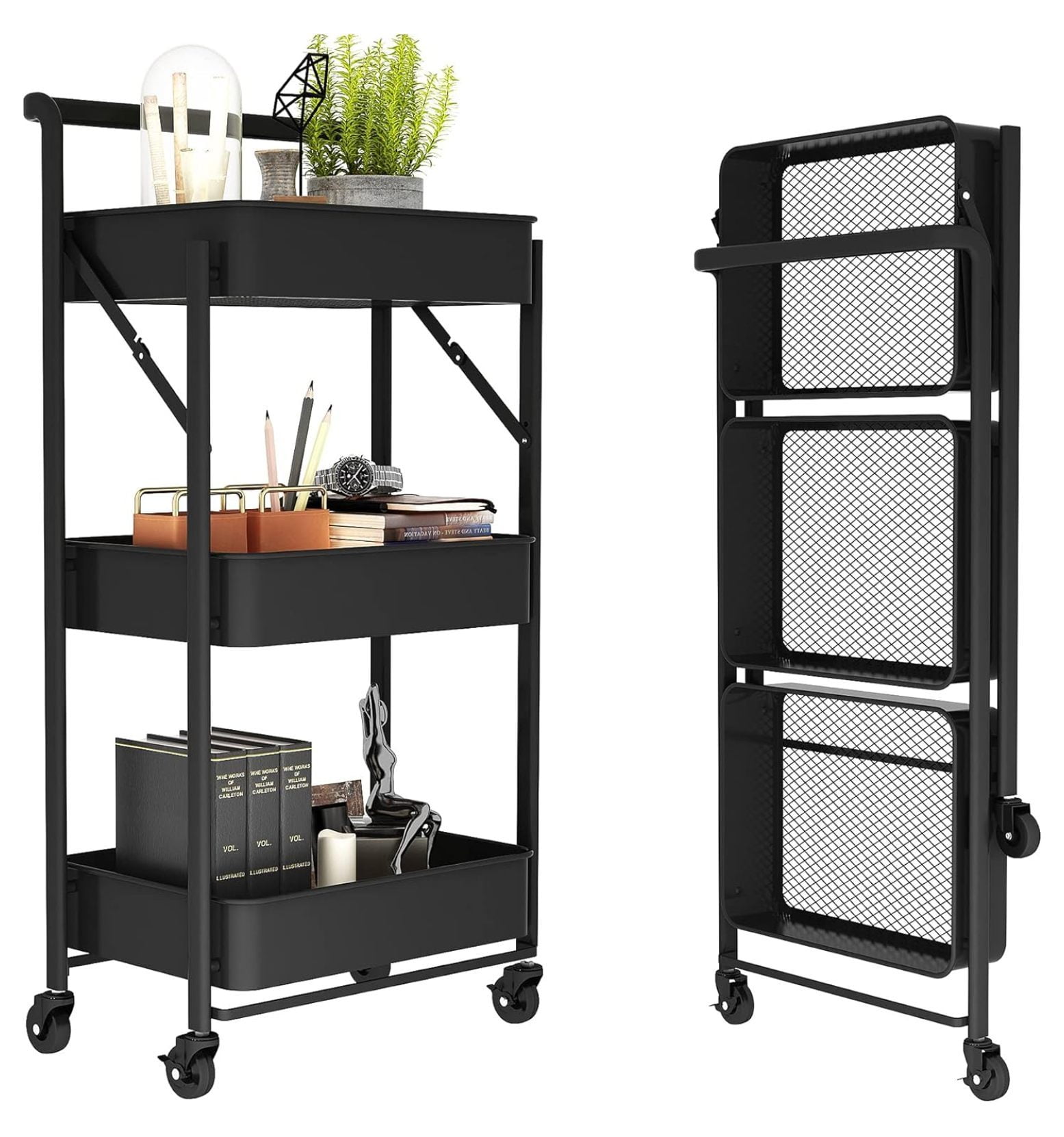 3-Tier Foldable Metal Rolling Storage Cart with Lockable Wheels, Heavy ...