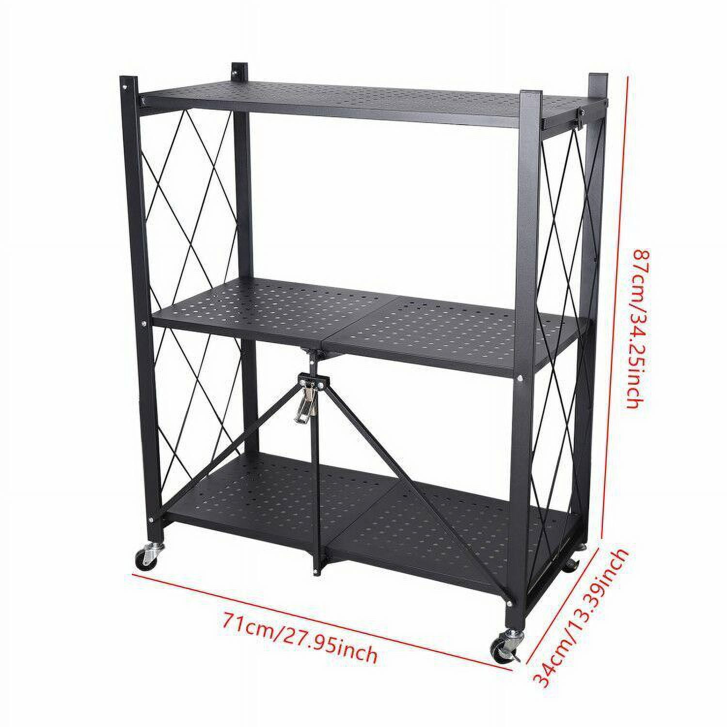 3-Tier Foldable Metal Rolling Trolley Cart Utility Rack Storage Shelves ...