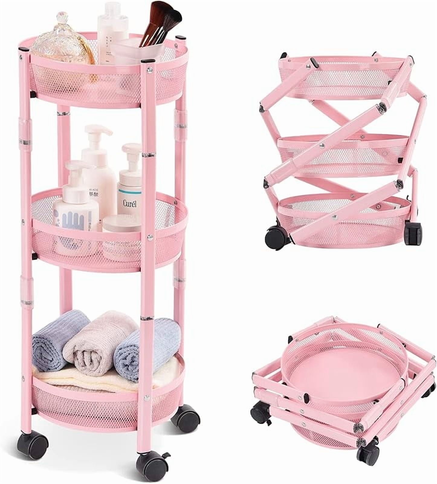 3-Tier Foldable Metal Storage Rolling Cart, Collapsible Utility Cart ...