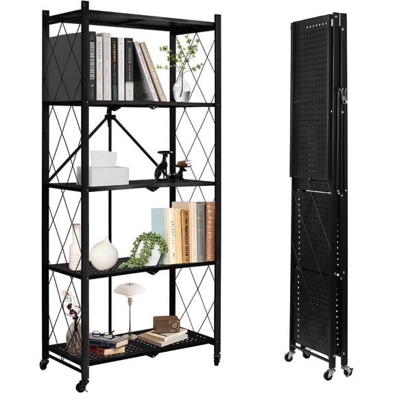 3-Tier Foldable Metal Storage Shelf with Wheels Collapsible Rolling ...
