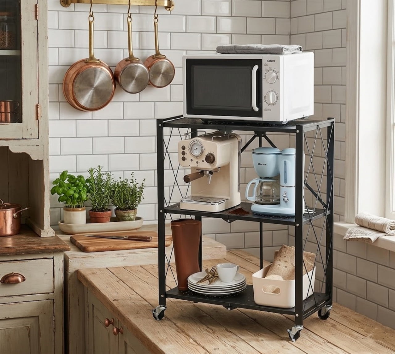 3-Tier Foldable Metal Storage Shelves with Wheels, Heavy Duty Storage ...