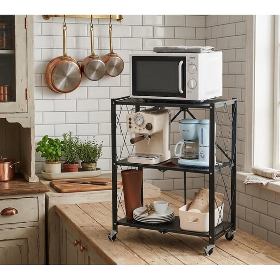 3-Tier Foldable Metal Storage Shelves with Wheels, Heavy Duty Storage ...