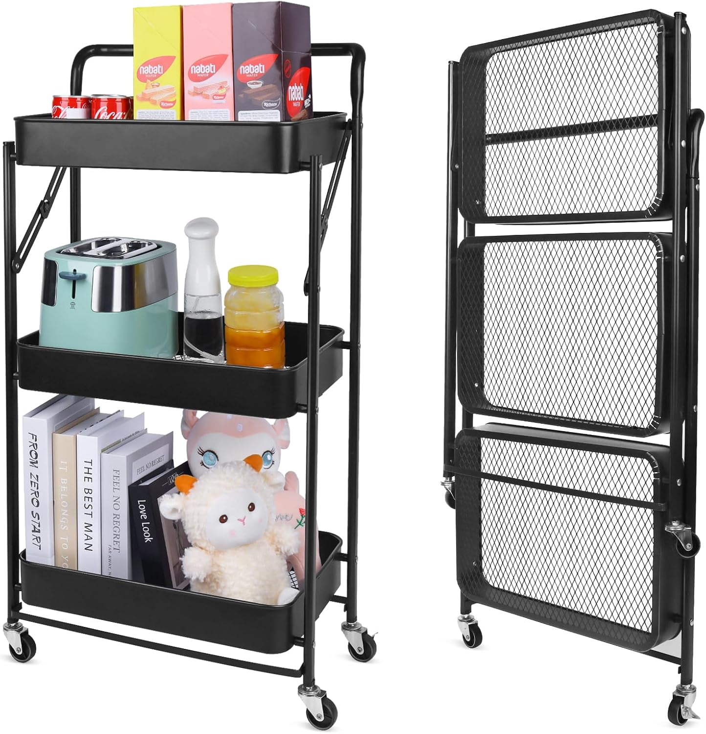 3 Tier Foldable Metal Utility Cart Organizer with Wheels, Folding ...