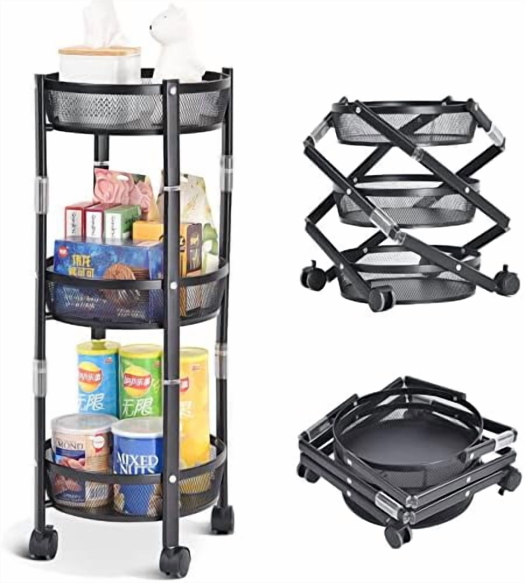 3-Tier Foldable Rolling Cart, Collapsible Metal Utility Cart with ...