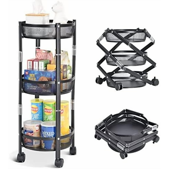 3-Tier Foldable Rolling Cart, Collapsible Metal Utility Cart with ...