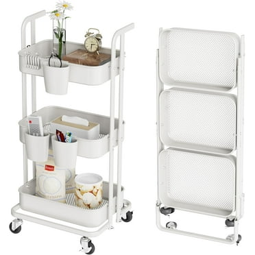3 Tier Foldable Rolling Cart, Metal Utility Cart with Lockable Wheels ...
