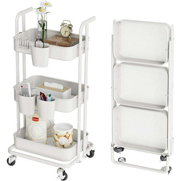 2 Tier Rolling Cart, Metal Utility Cart with Wheels, Foldable Under ...
