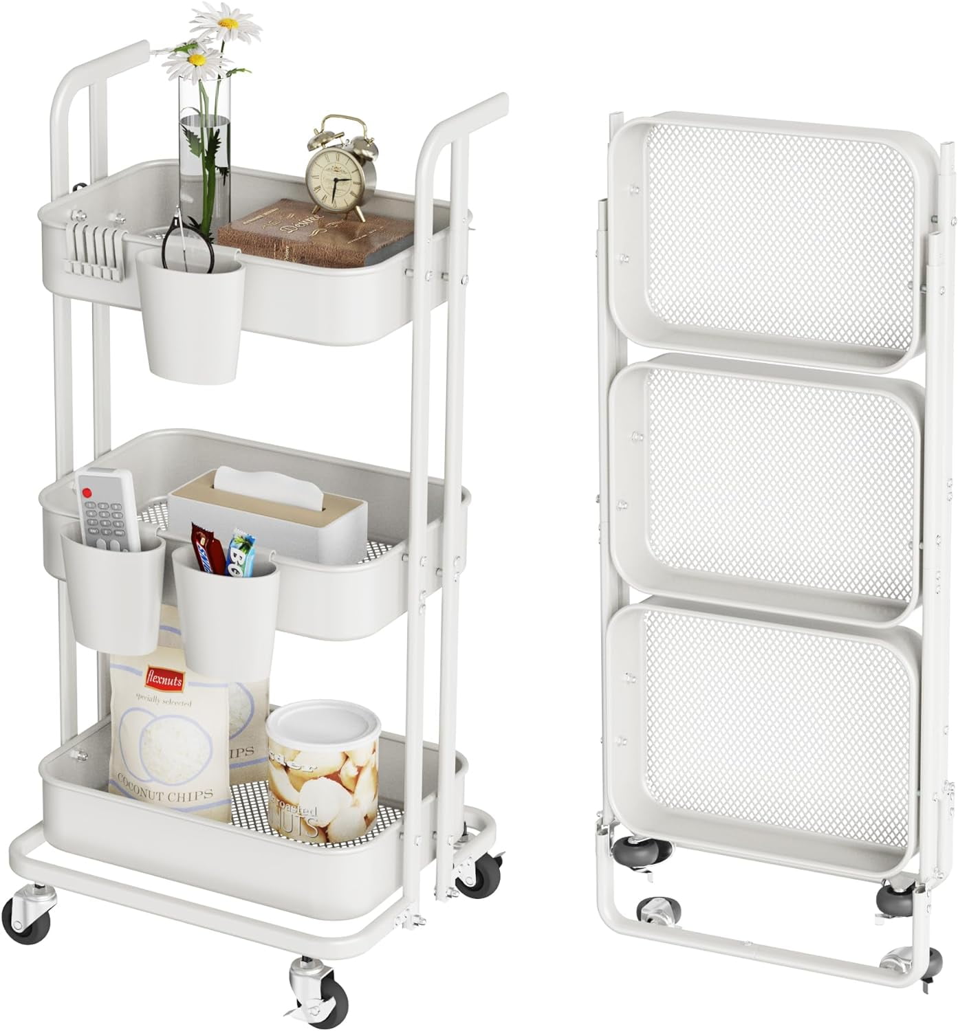 3 Tier Foldable Rolling Cart, Metal Utility Cart with Lockable Wheels ...