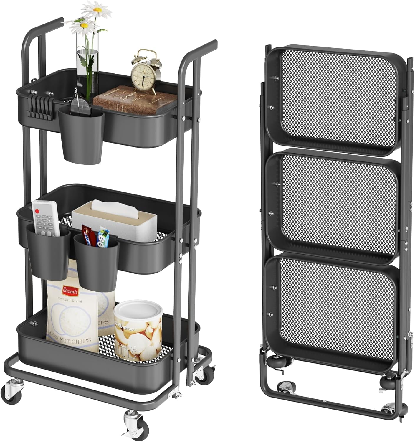 3 Tier Foldable Rolling Cart, Metal Utility Cart with Lockable Wheels ...