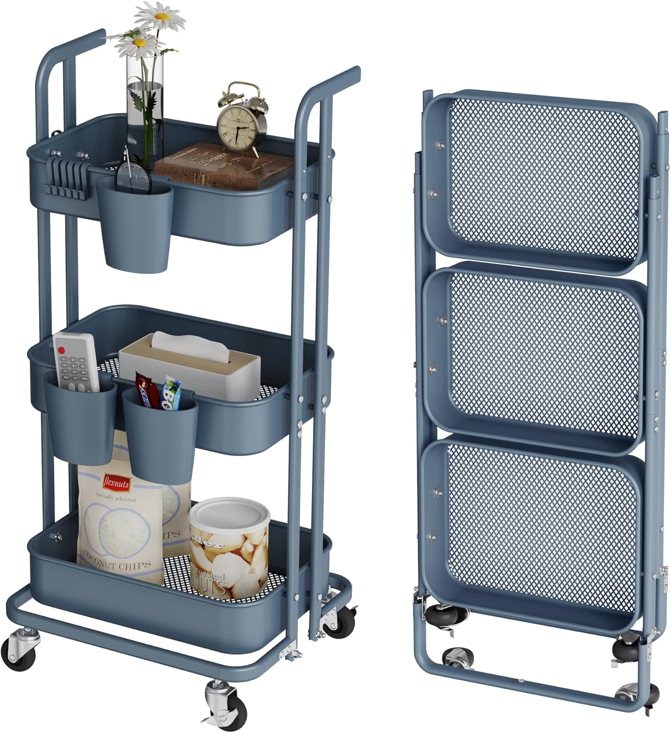 3 Tier Foldable Rolling Cart, Metal Utility Cart with Lockable Wheels ...