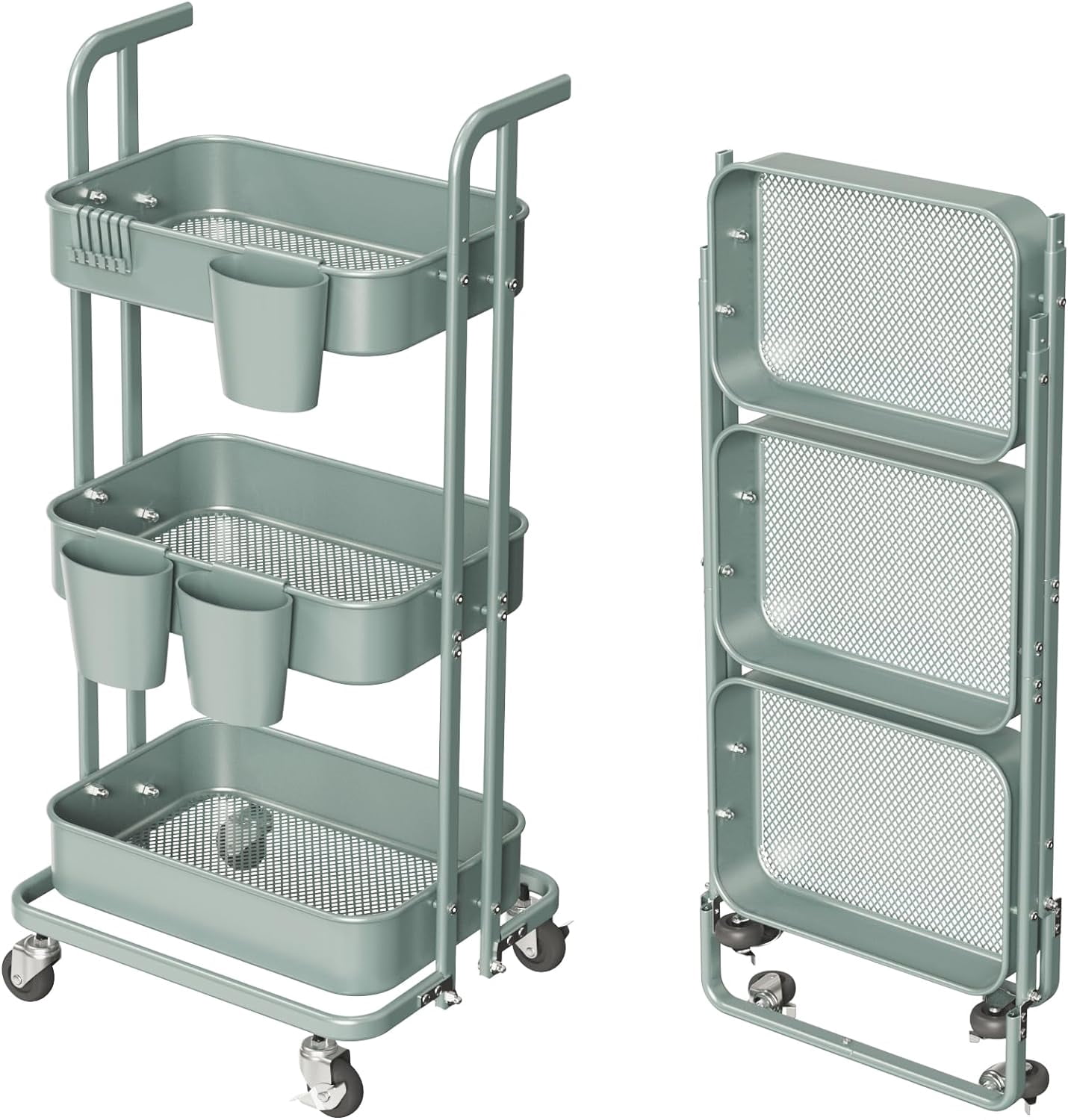 3 Tier Foldable Rolling Cart, Metal Utility Cart with Wheels, 3 Hanging ...