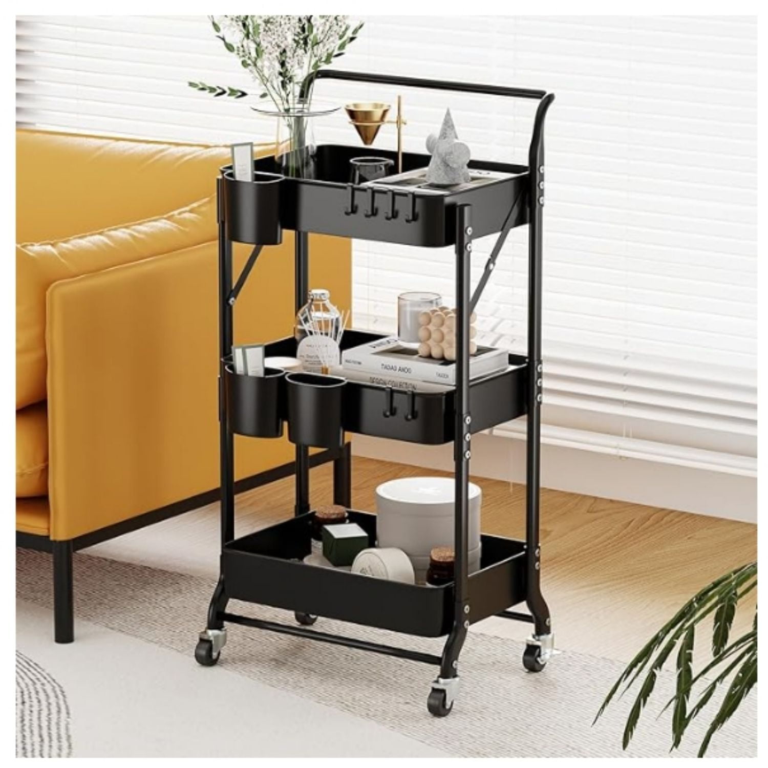 3 Tier Foldable Rolling Cart with Wheels, Folding Utility Cart ...