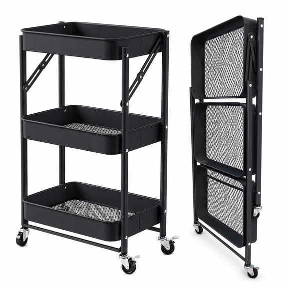 3 Tier Foldable Rolling Cart with Wheels, Portable Metal No Assembly ...