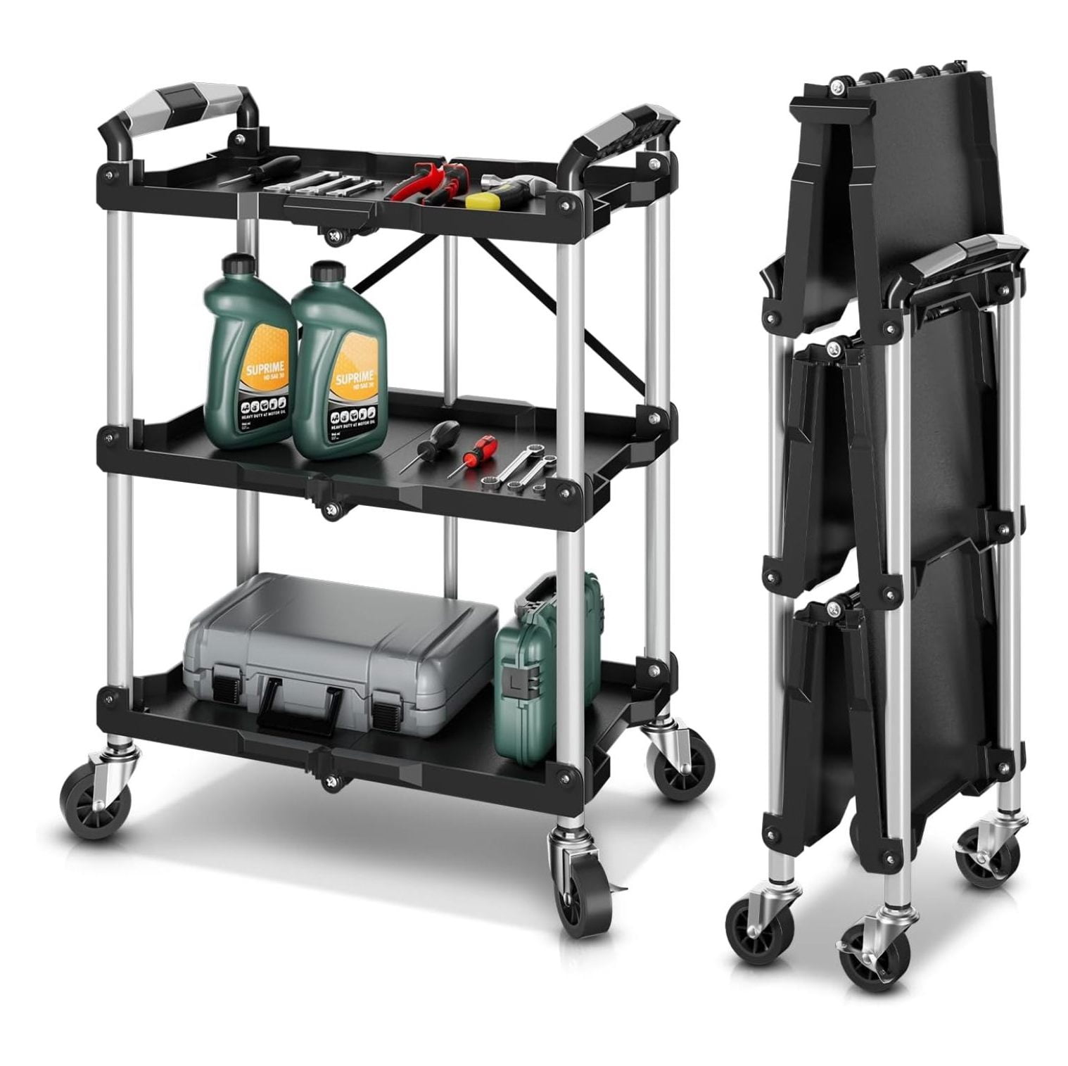 3-Tier Foldable Rolling Cart with Wheels, 265lb Capacity Storage ...