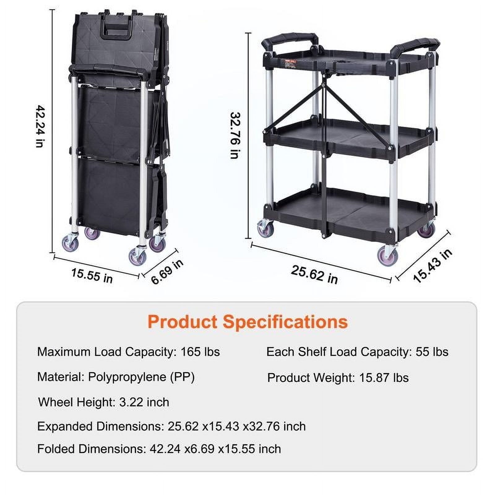 3- Tier Foldable Service Cart with Locking Casters Heavy Duty Plastic ...