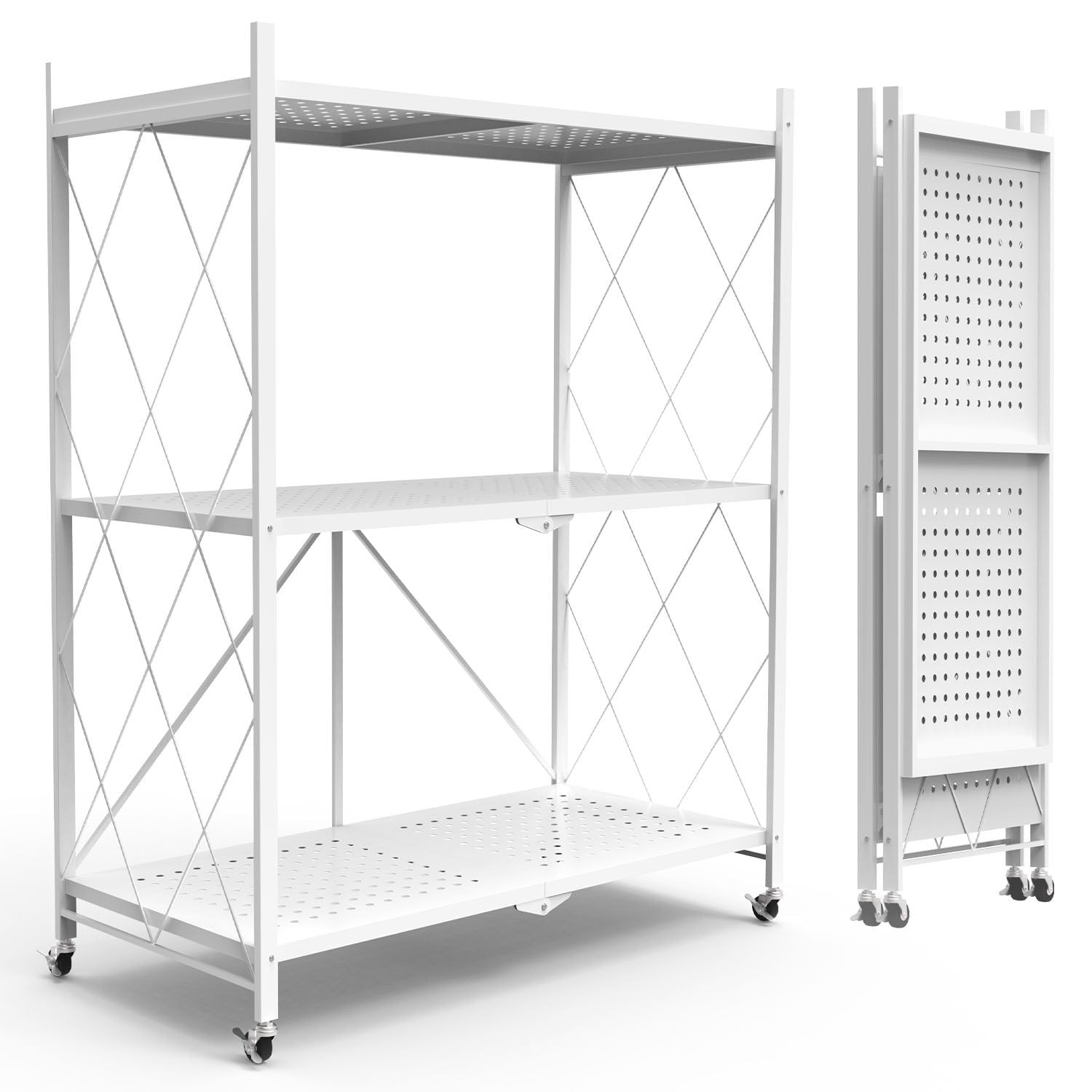 3 Tier Foldable Shelf with Wheels, Portable Carbon Steel No Assembly ...