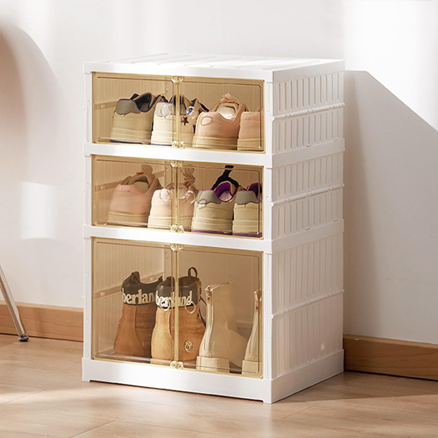 3 Tier Foldable Shoe Rack Organizer Clear Collapsible Shoes Storage Box ...