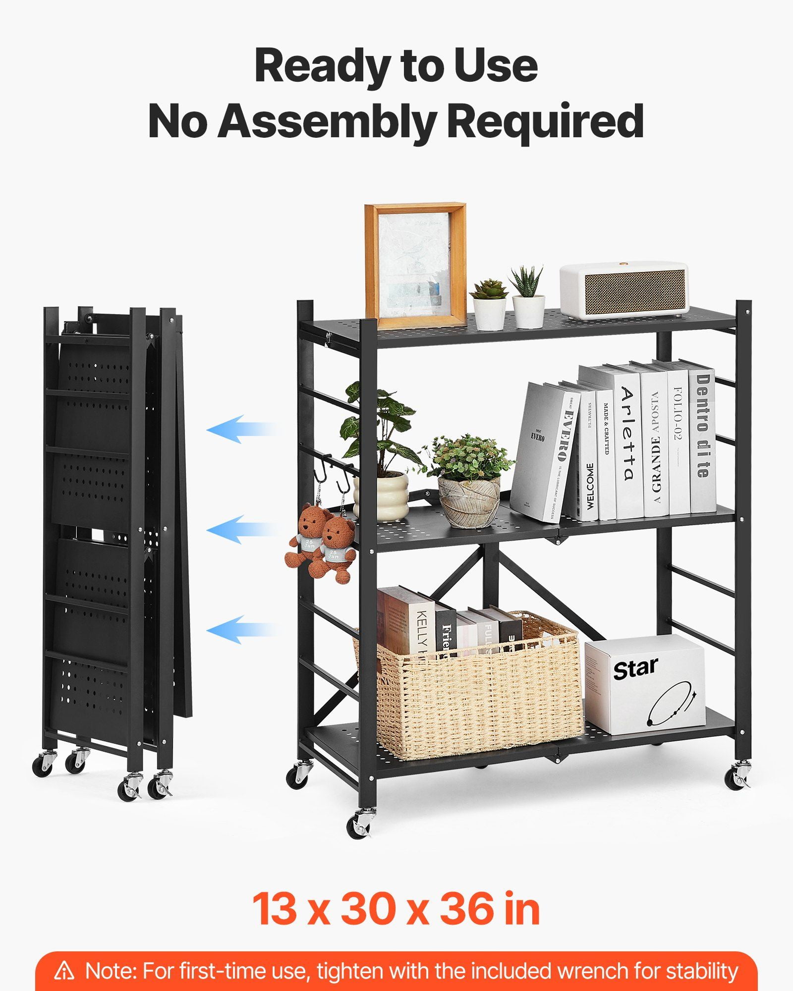 3-Tier Foldable Storage Shelf,30Wx13Dx36H"Folding Metal Rack Shelving ...