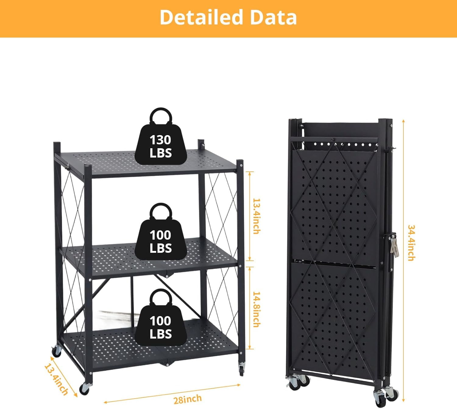 3 Tier Foldable Storage Shelf with Wheels, Heavy Duty Collapsible Metal ...