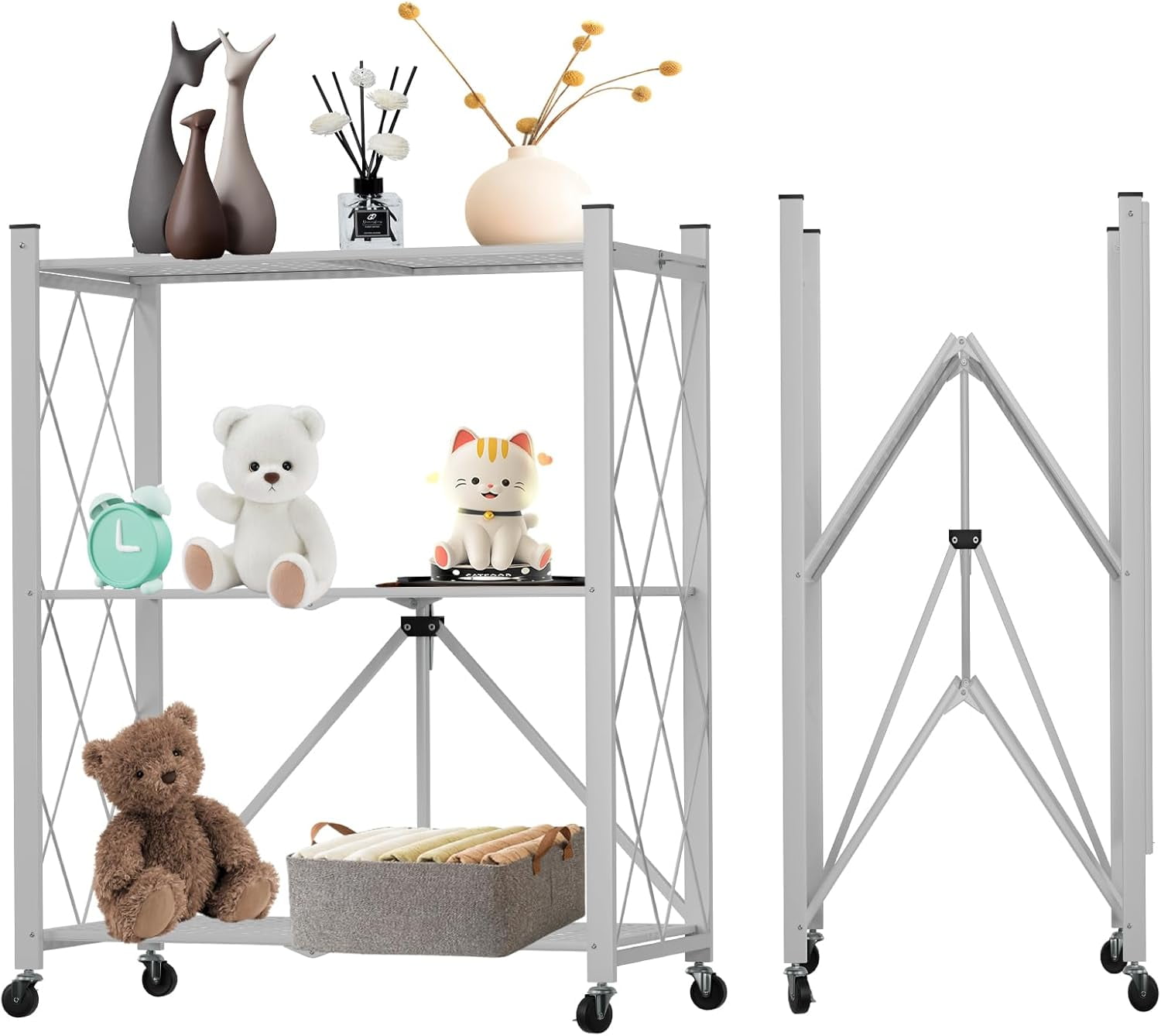 3 Tier Foldable Storage Shelf with Wheels, Heavy Duty Garage Shelving Unit Loads 550 LBS, Metal ...