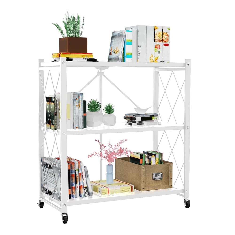3-Tier Foldable Storage Shelf with Wheels, Metal Collapsible Shelving ...