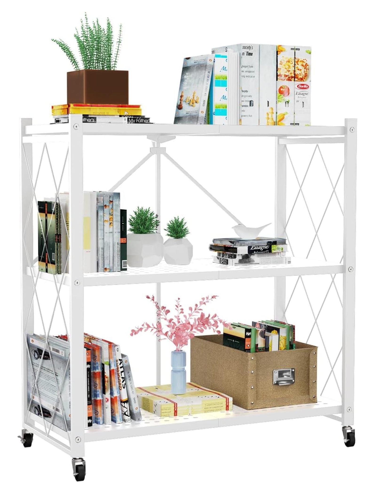 3-Tier Foldable Storage Shelf with Wheels - Metal Collapsible Shelving ...
