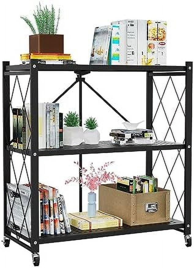 3-Tier Foldable Storage Shelf with Wheels - Metal Collapsible Shelving ...